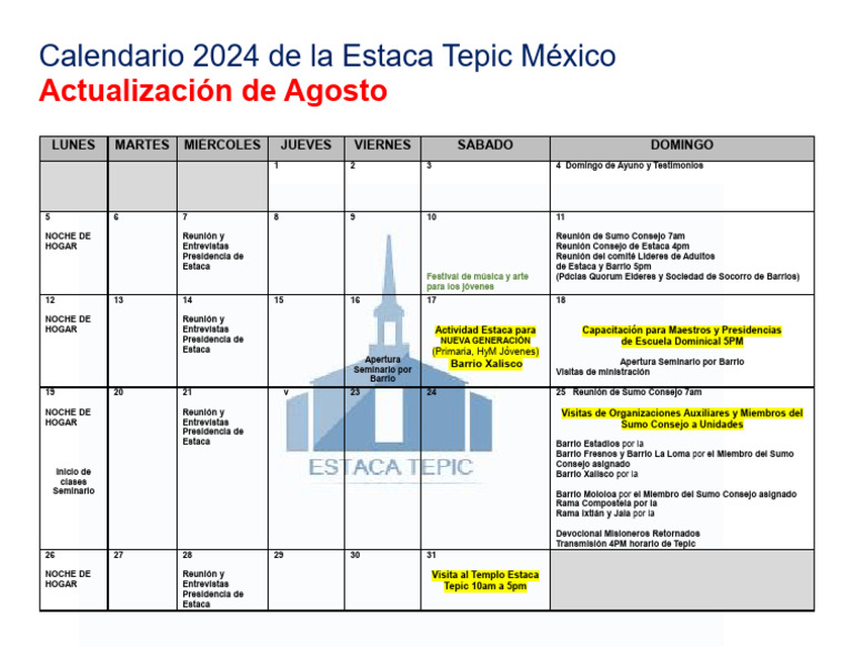 Actualización Agosto Calendario 2024 de La Estaca Tepic México | PDF