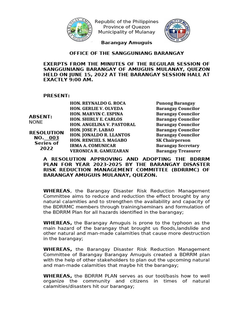BDRRMC Resolution | PDF | Natural Disasters | Storms