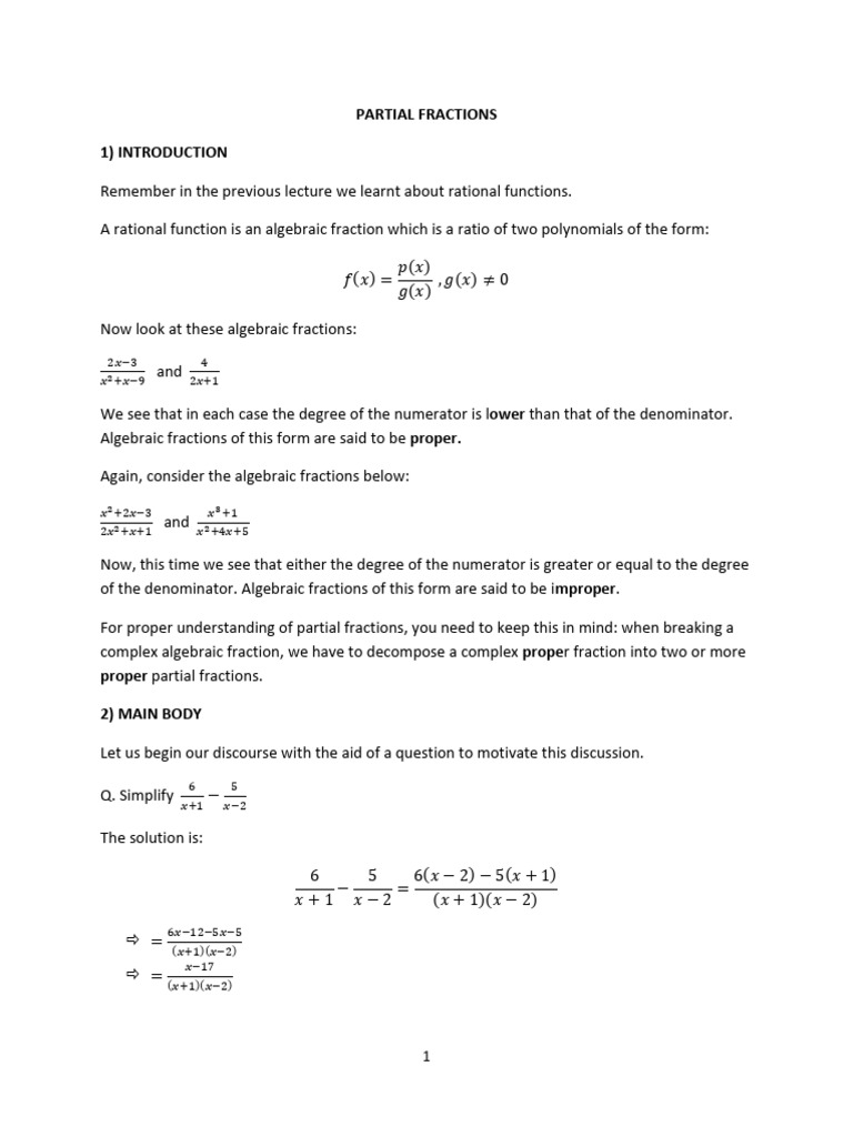 PARTIAL FRACTIONS For MA110 in Year 2020 Group A Today 124 | PDF ...