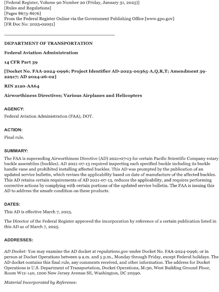 FAA AD 2024-26-02 - Seat Restraint System | PDF
