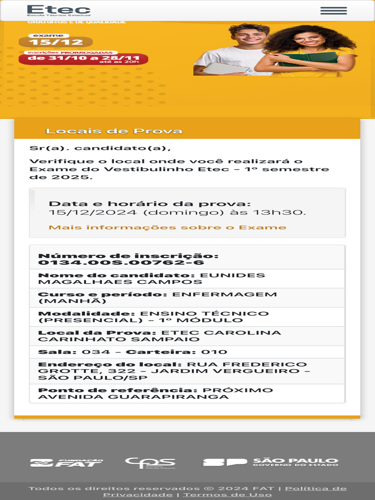 Local da Prova do Vestibulinho Etec 2025 | PDF