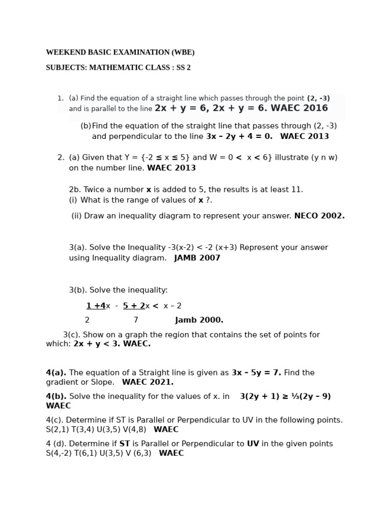 SS2 Mathematics Weekend Exam Questions | PDF