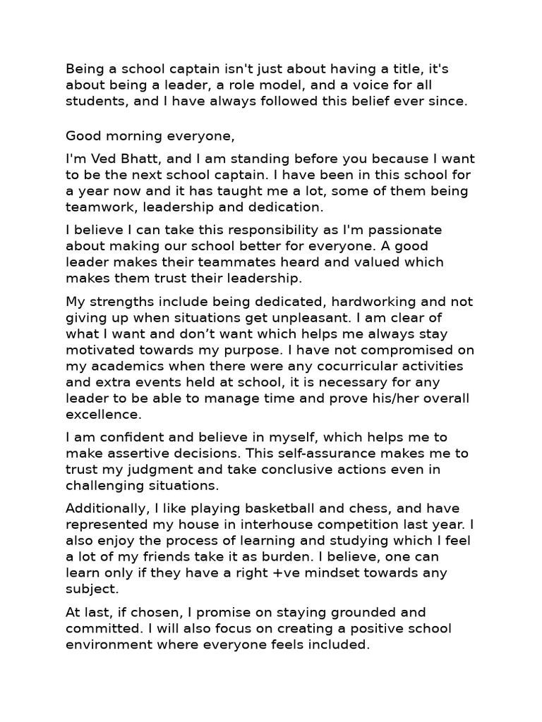 School Captain Speech | PDF