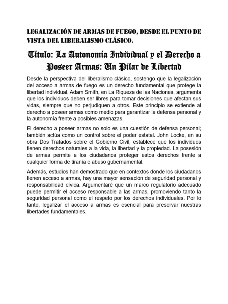 LEGALIZACIÓN DE ARMAS DESDE EL LIBERALISMO CLASICO | PDF