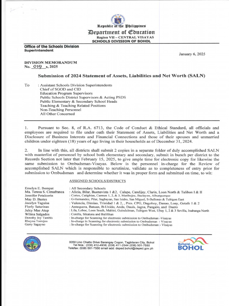 DM No. 019, s. 2025 Submission of 2024 Statement of Assets, Liabilities ...