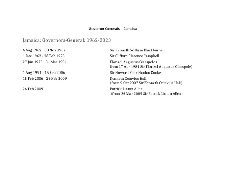 List of Jamaica's Governors-General | PDF