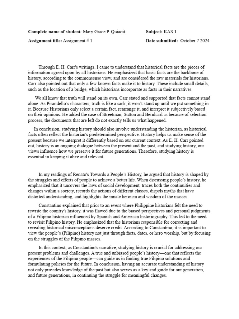 Assignment#1 MaryGraceQuiaoit | PDF | Historian | Narrative