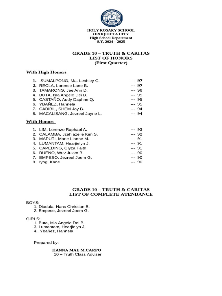 Grade 10 Honors & Attendance List 2024 | PDF