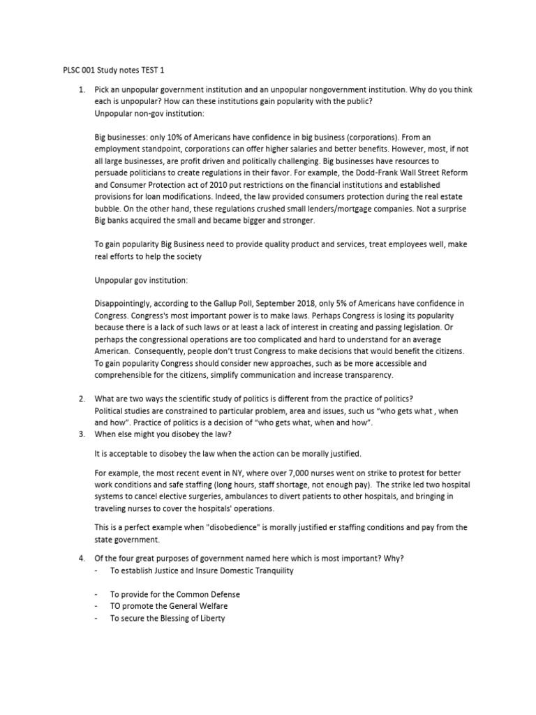 PLSC 001 Study notes TEST 1 | PDF | United States Congress | American ...