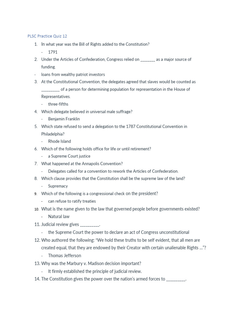PLSC Practice Quiz 12 | PDF | United States Congress | American Government