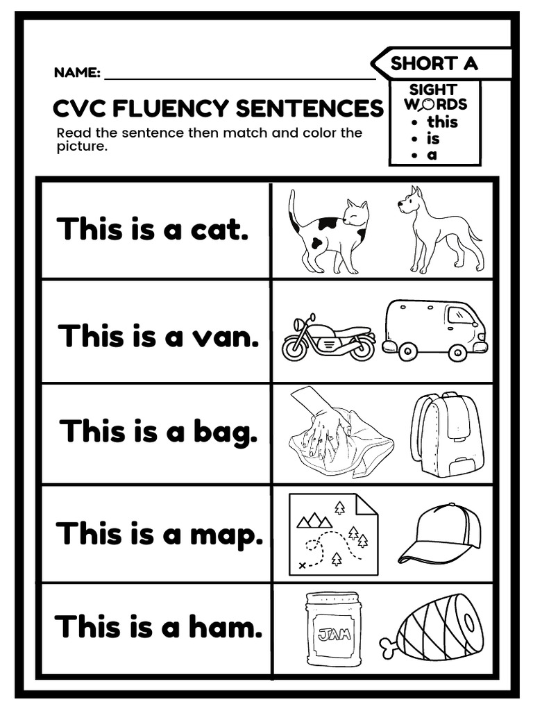 CVC Fluency Sentences Read and Color Short A Words Worksheet | PDF