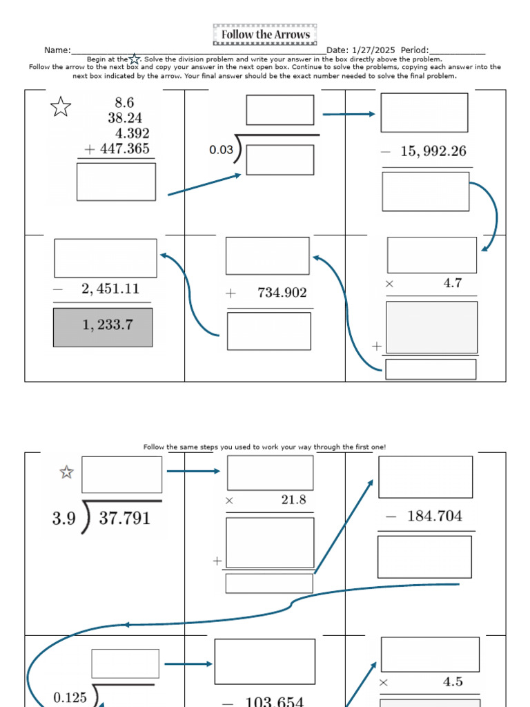 Math 6 Follow the Arrows Decimal Review | PDF