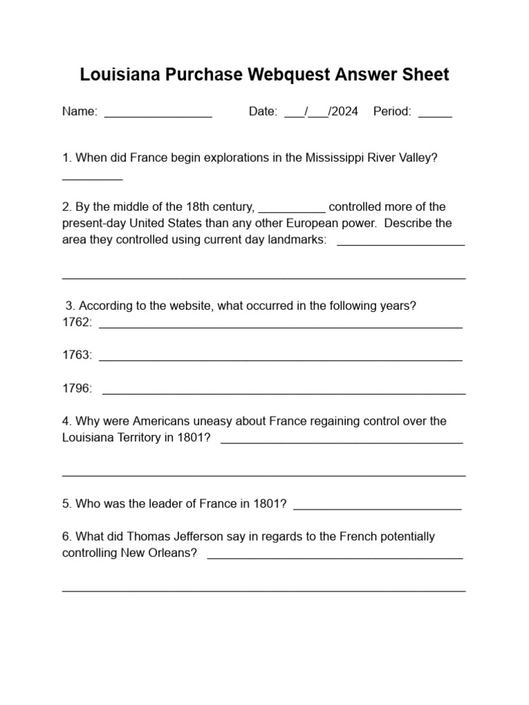 Louisiana Purchase Webquest Answers | PDF