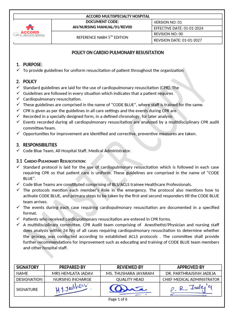 Policy On Cardio Pulmonary Resusitation | PDF | Cardiopulmonary ...