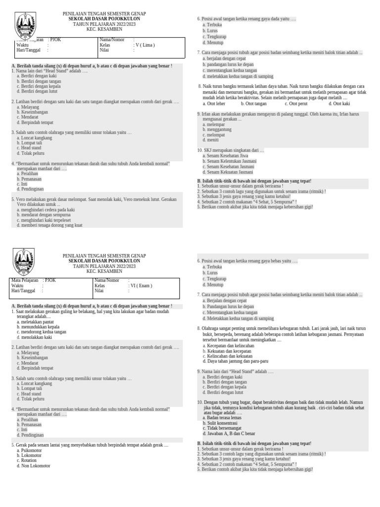 Soal PTS Pjok Genap | PDF
