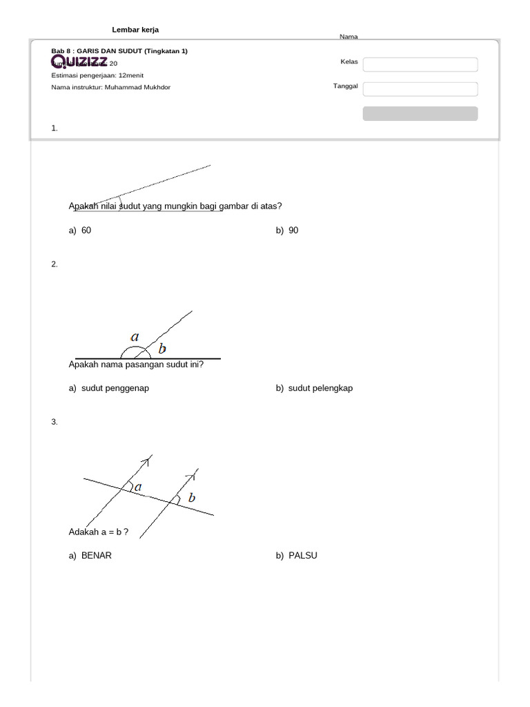 Quizizz - Bab 8 - GARIS DAN SUDUT (Tingkatan 1) | PDF