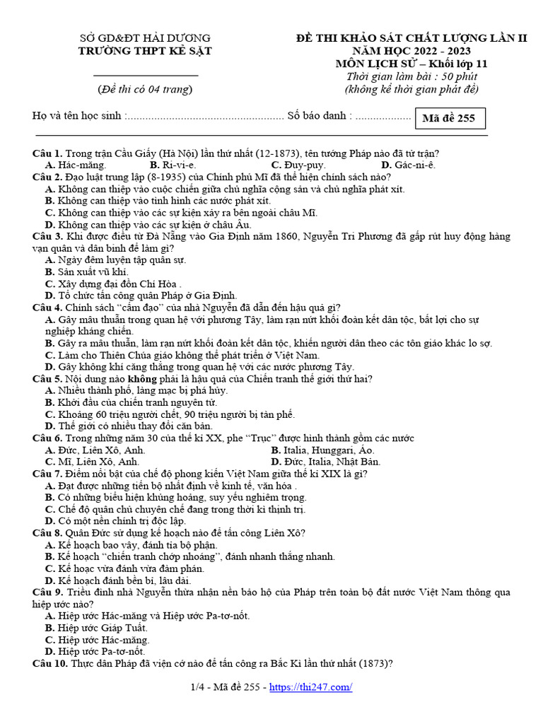 De Khao Sat Lich Su 11 Lan 2 Nam 2022 2023 Truong THPT Ke Sat Hai Duong | PDF