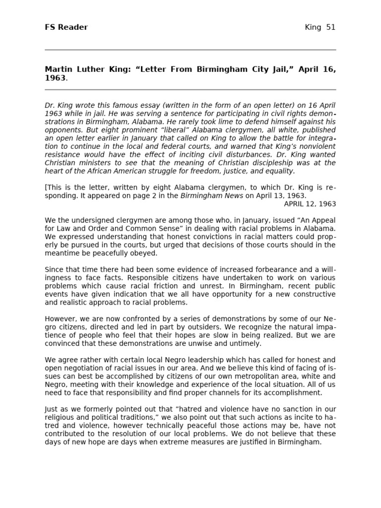 King Letter From Birmingham City Jail 1 1 | PDF | Martin Luther King Jr ...