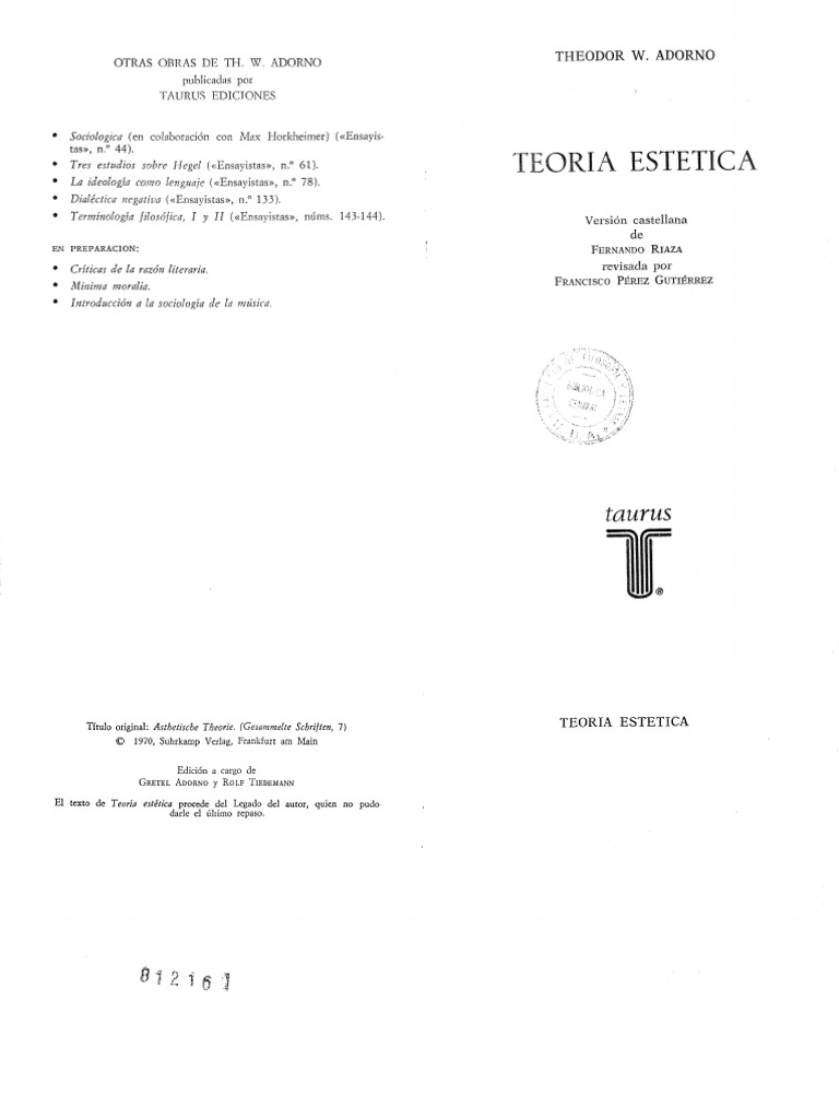Adorno - La Belleza Natural, En Teoria Estetica (Ed. Taurus) | PDF