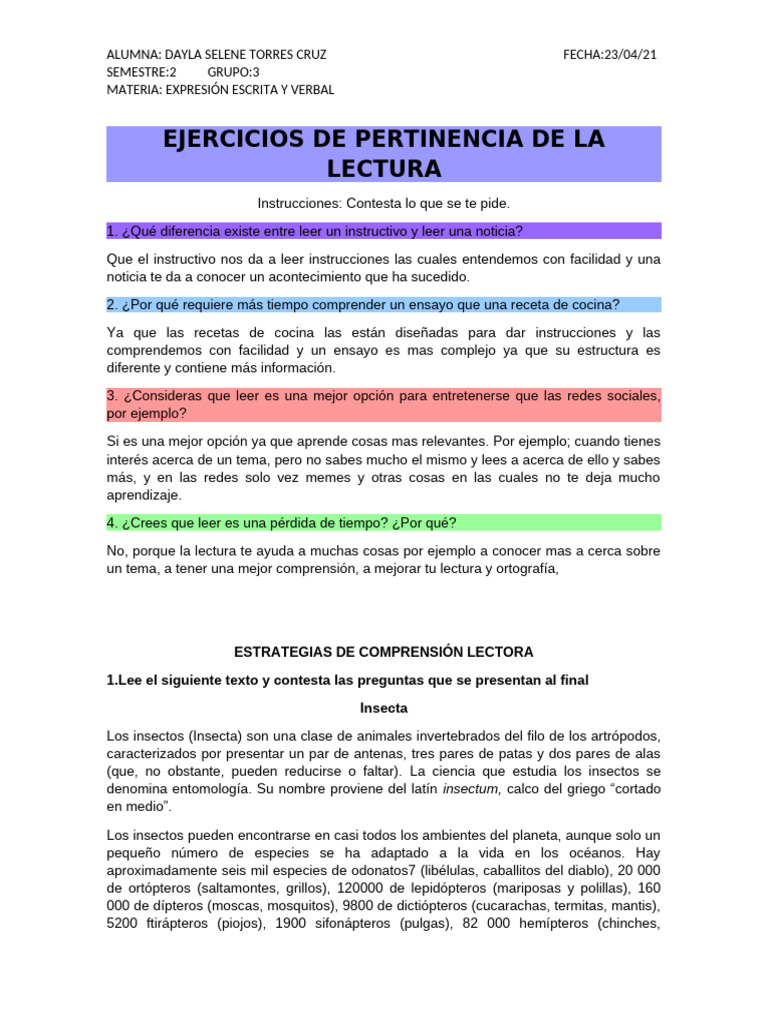 Ejercicios de Comprensión Lectora | PDF | Insectos | Hexapoda
