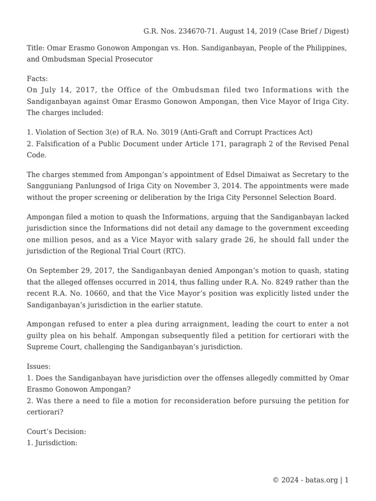 Sandiganbayan Jurisdiction Case Digest | PDF | Jurisdiction | Public Law
