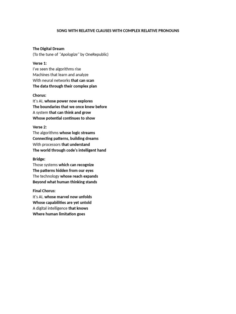 Song With Relative Clauses With Complex Relative Pronouns | PDF