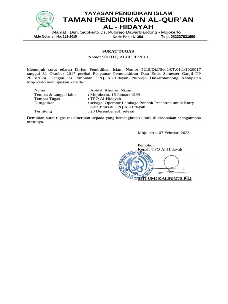 Surat Tugas TPQ | PDF
