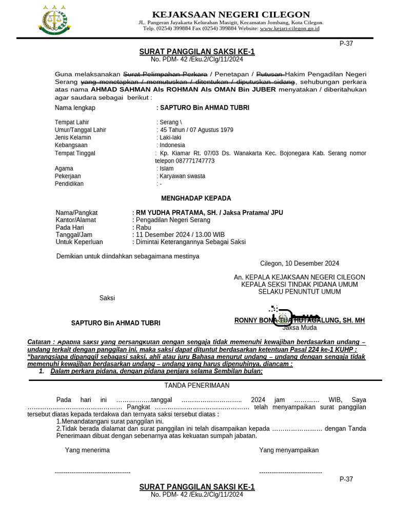 P-37 20241211 Panggilan Saksi AHMAD SAHMAN Als ROHMAN Als OMAN Bin ...