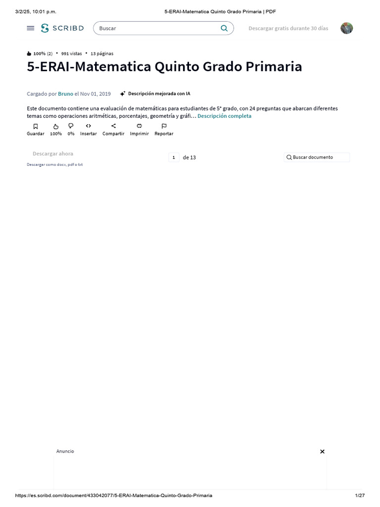 Evaluación de Matemáticas 5° Grado | PDF | Red mundial | Internet y web
