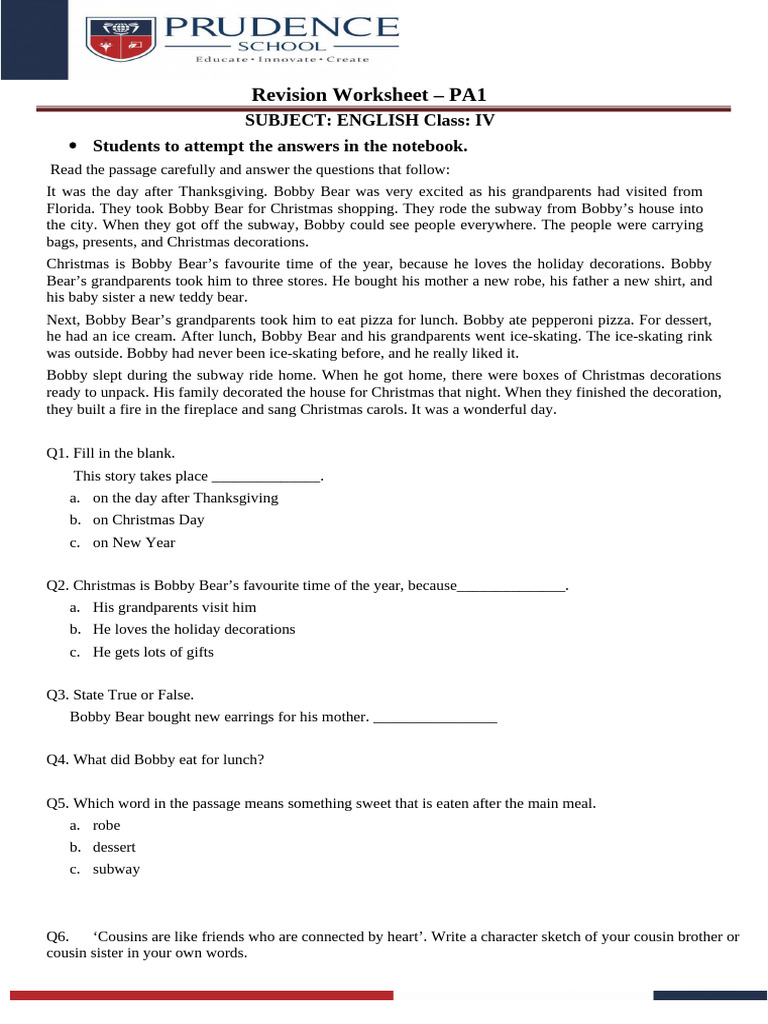 G4-PA1 - Revision Worksheet | PDF | Christmas