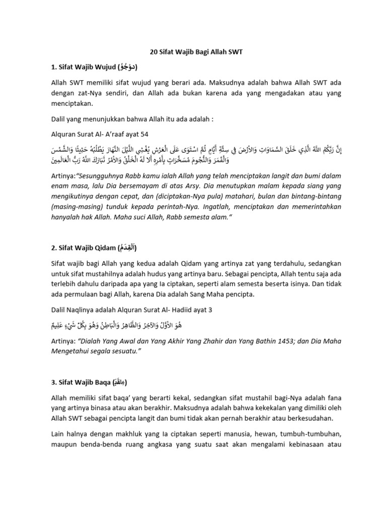20 Sifat Wajib Bagi Allah SWT | PDF