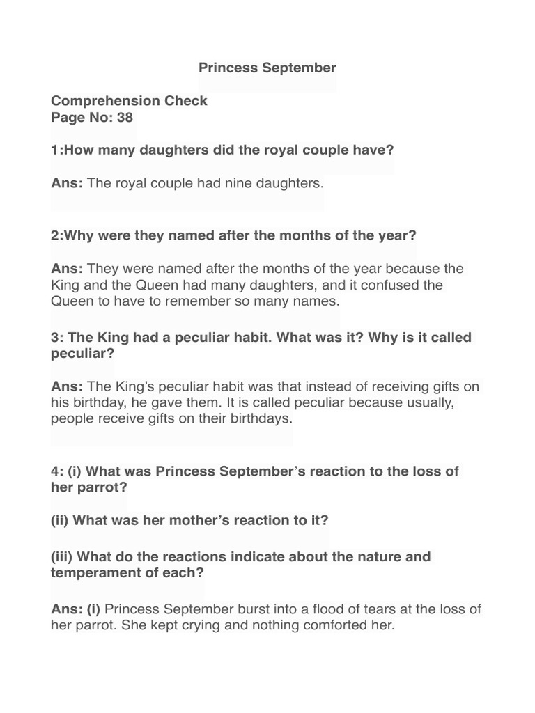 Princess September Comprehension Guide | PDF