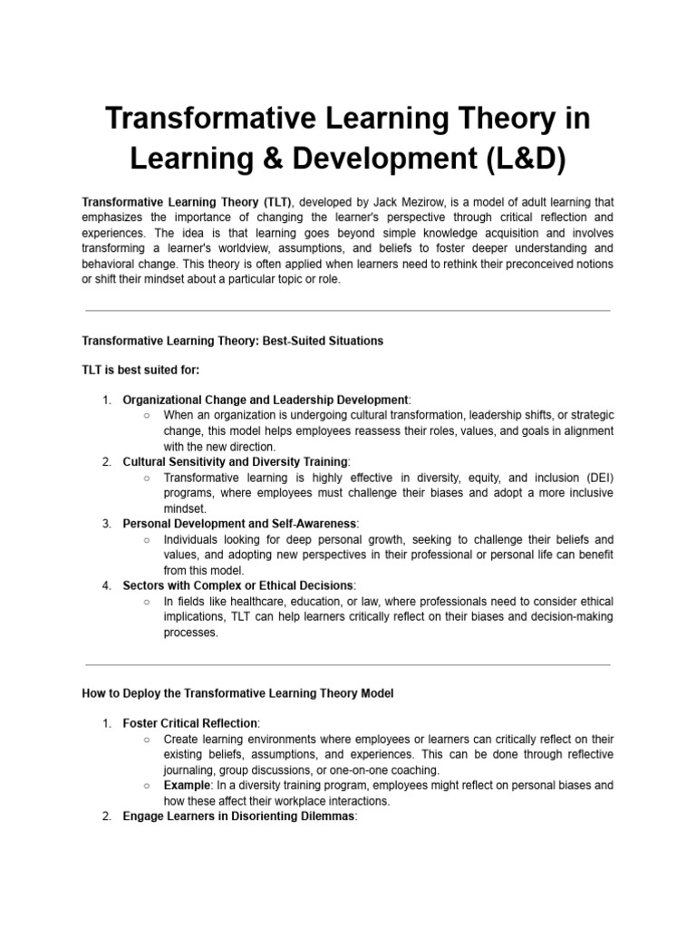 Transformative Learning Theory In Learning And Development Landd Pdf
