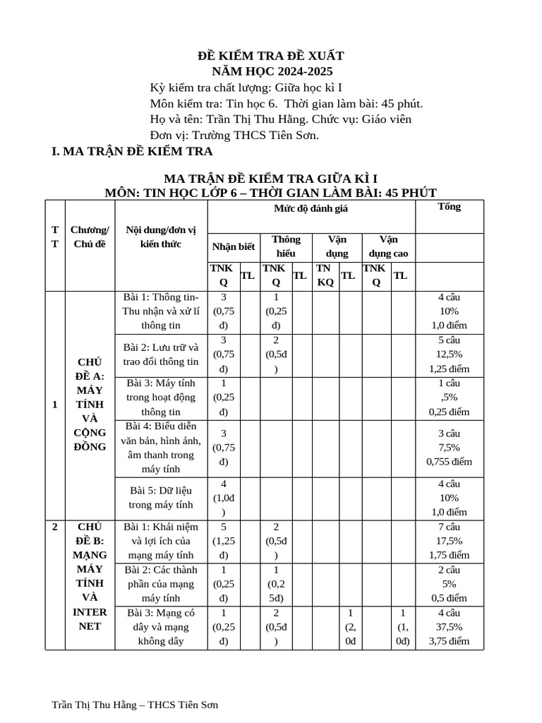 MT, Đặc tả Tin 6 - GKI | PDF
