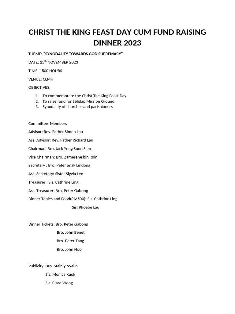 Christ The King Feast Day Cum Fund Raising Dinner 2023 | PDF