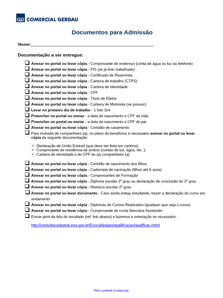 Documentos para Admissão (Lista para o Colaborador) | PDF