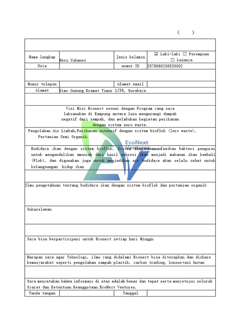 Formulir Pendaftaran Keanggotaan EcoNext Ventures Heru | PDF