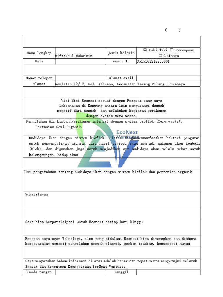 Formulir Pendaftaran Keanggotaan EcoNext Ventures Mifta | PDF