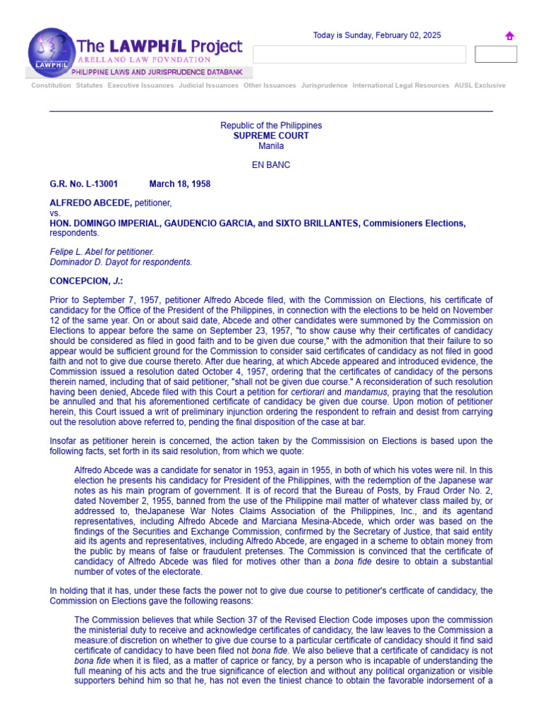 G.R. No. L-13001 Abcede v Imperial | PDF | Commission On Elections (Philippines) | Elections