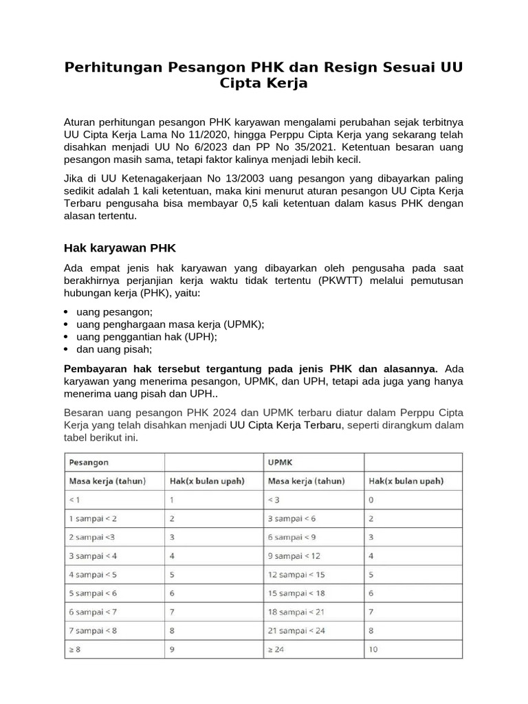 Perhitungan Pesangon PHK dan Resign 2023 | PDF