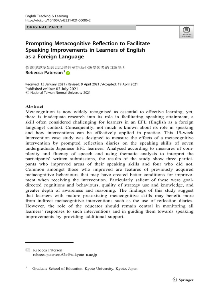 Metacognitive Reflection in EFL Speaking | PDF | Metacognition | Learning