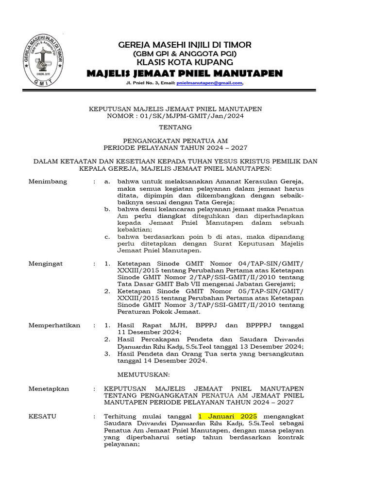 SK Pengangkatan Penatua Am Tahun 2025 | PDF