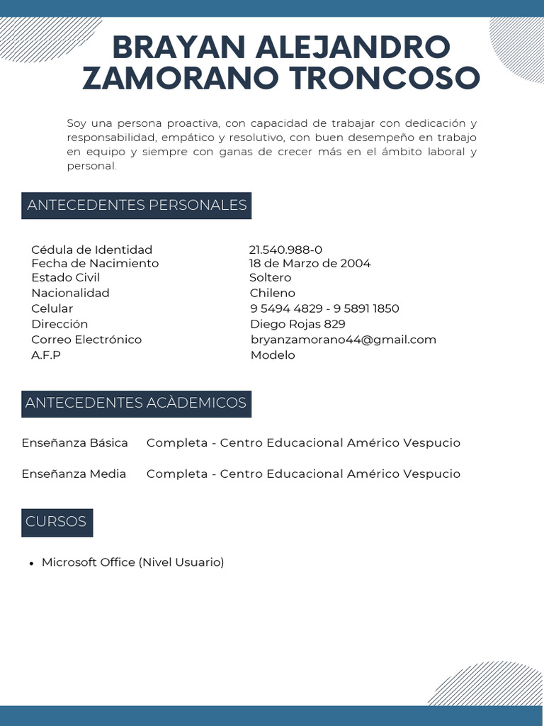 Brayan Alejandro Zamorano Troncoso: Antecedentes Personales | PDF