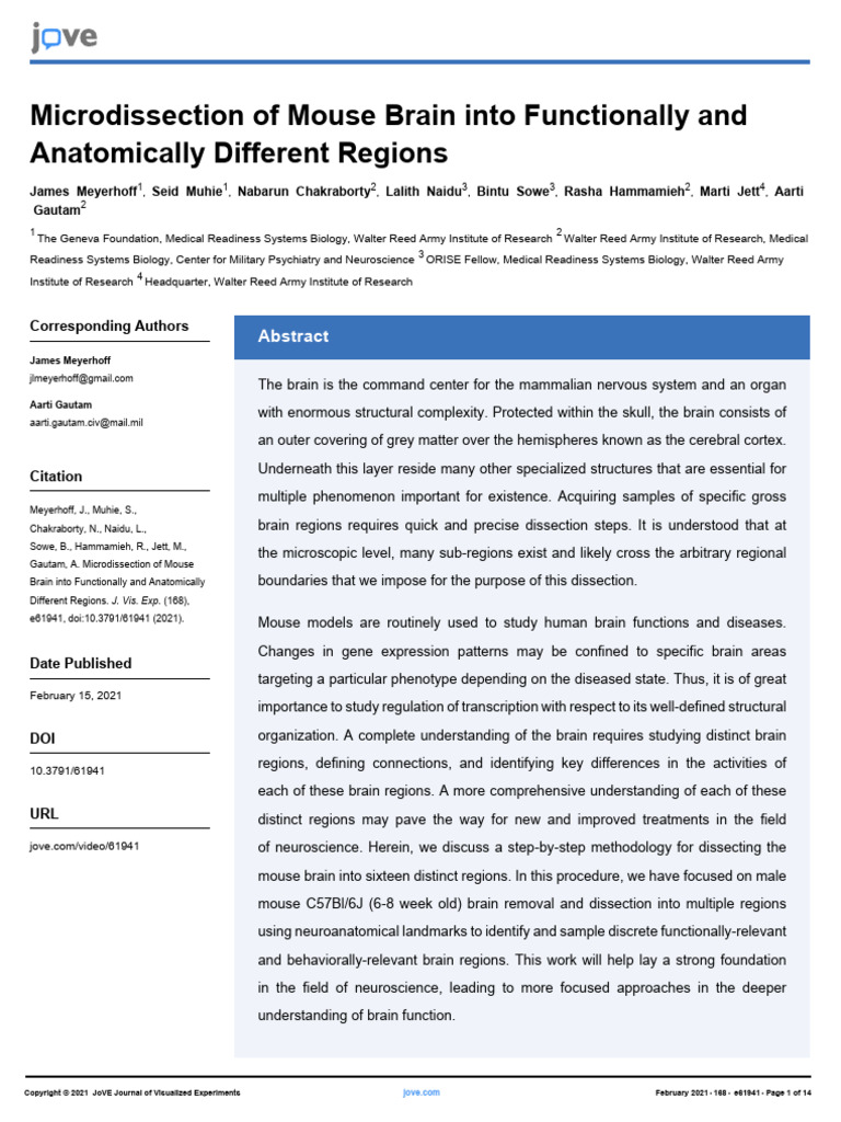 Microdissection of Mouse Brain Into Functionally and Anatomically ...