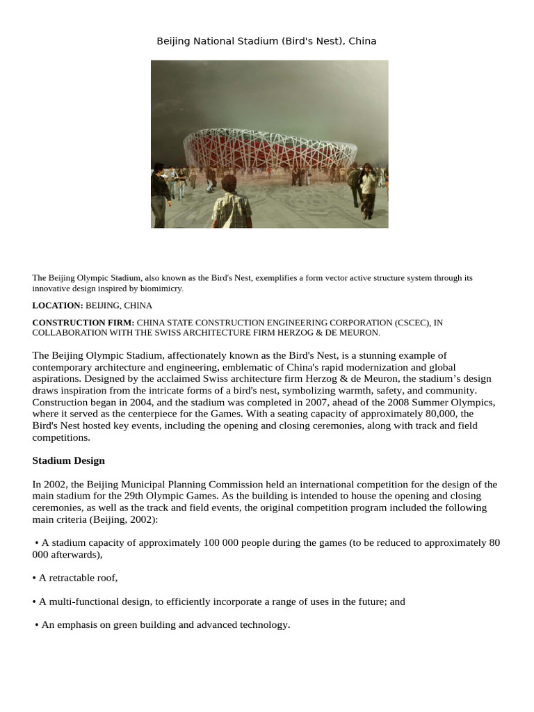 Beijing Bird's Nest Stadium Design Overview | PDF