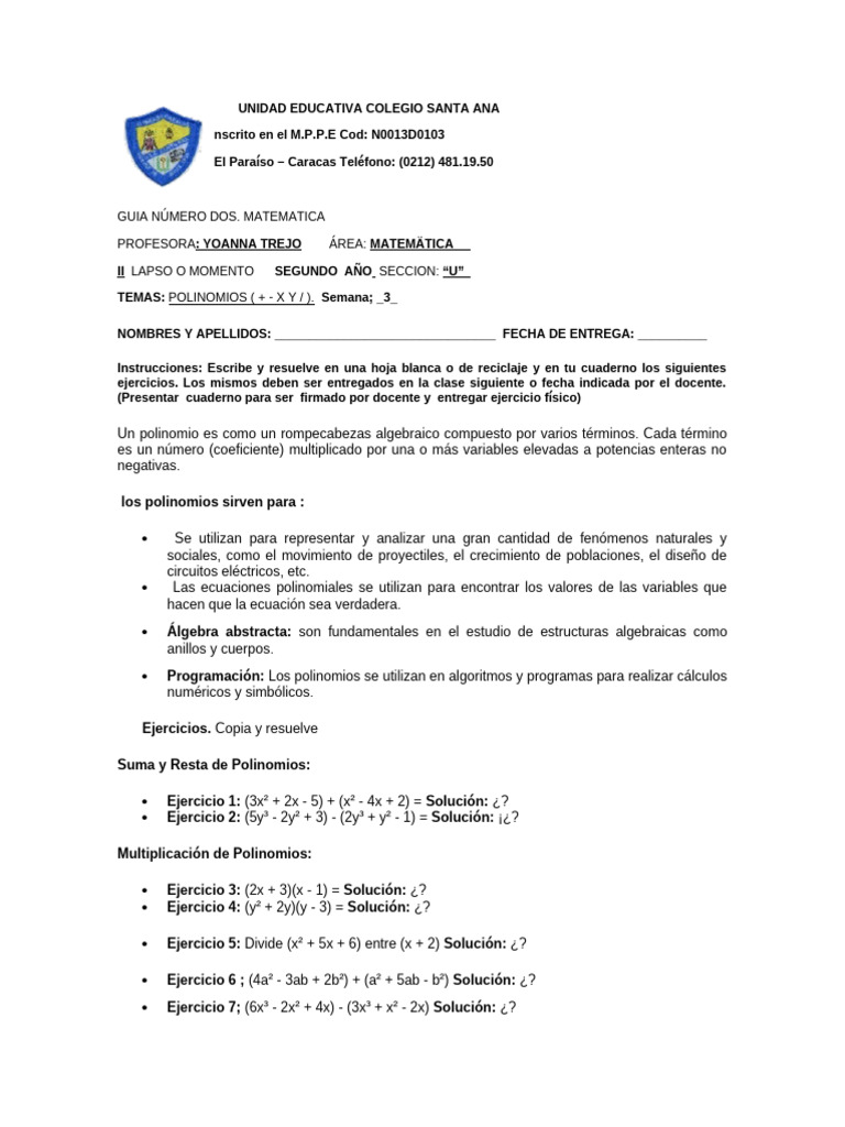 Guia Dos de Matematica Segundo Año Ii Lapso | PDF | Polinomio | Ecuaciones