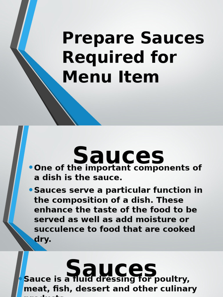 Prepare Sauces Required For Menu Item 10 COOKERY | PDF | Sauce | Starch