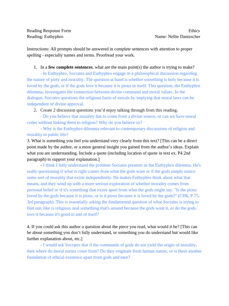 Reading Response Form Euthyphro | PDF | Socrates