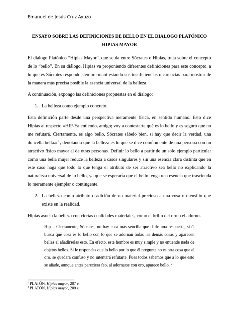 Ensayo Sobre Las Definiciones de Bello en El Dialogo Platónico Hipias ...
