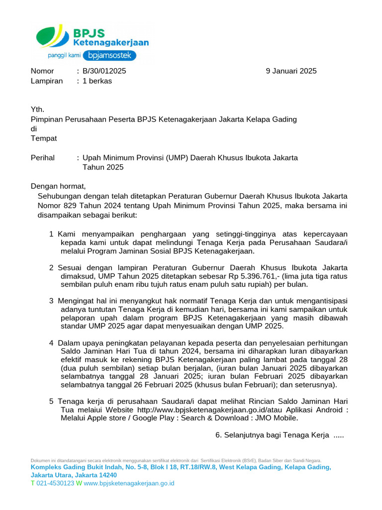 Surat Pemberitahuan Ump Dki Jakarta Tahun 2025 Dan Pembayaran Iuran Bulanan | PDF